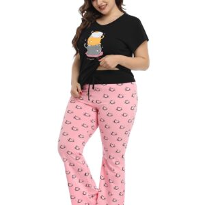 HDE Plus Size Pajamas for Women Pajama Set Two Piece Loungewear PJ Sets Love Cat Naps - 3X