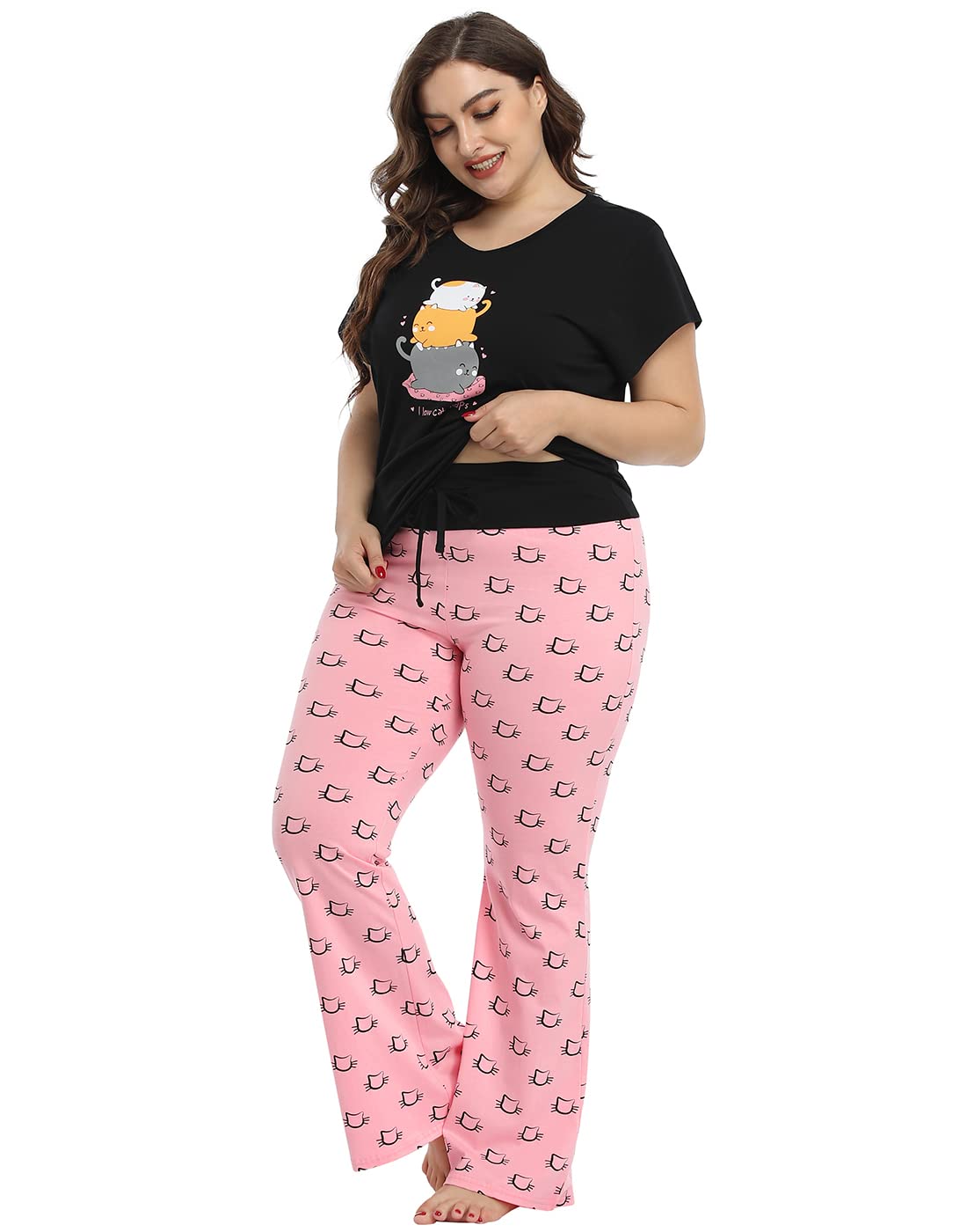 HDE Plus Size Pajamas for Women Pajama Set Two Piece Loungewear PJ Sets Love Cat Naps - 3X