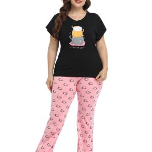 HDE Plus Size Pajamas for Women Pajama Set Two Piece Loungewear PJ Sets Love Cat Naps - 3X