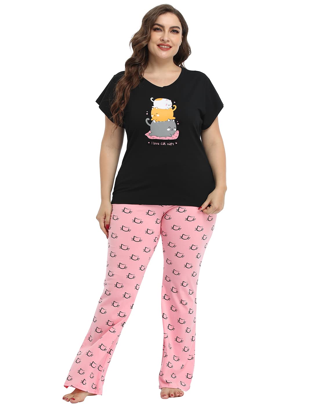 HDE Plus Size Pajamas for Women Pajama Set Two Piece Loungewear PJ Sets Love Cat Naps - 3X