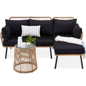 best choice products outdoor rope woven sectional patio furniture l-shaped conversation sofa set for backyard, porch w/thick cushions, detachable lounger, side table - natural/black