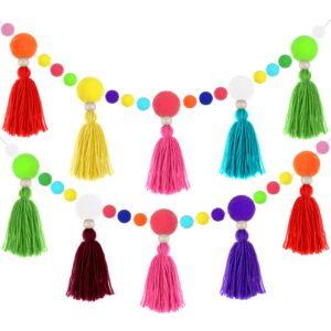 rainbow pom pom tassel garland banner spring colorful pompom wall hanging boho tassel garland decor for classroom home nursery baby shower party supplies(2 pcs)