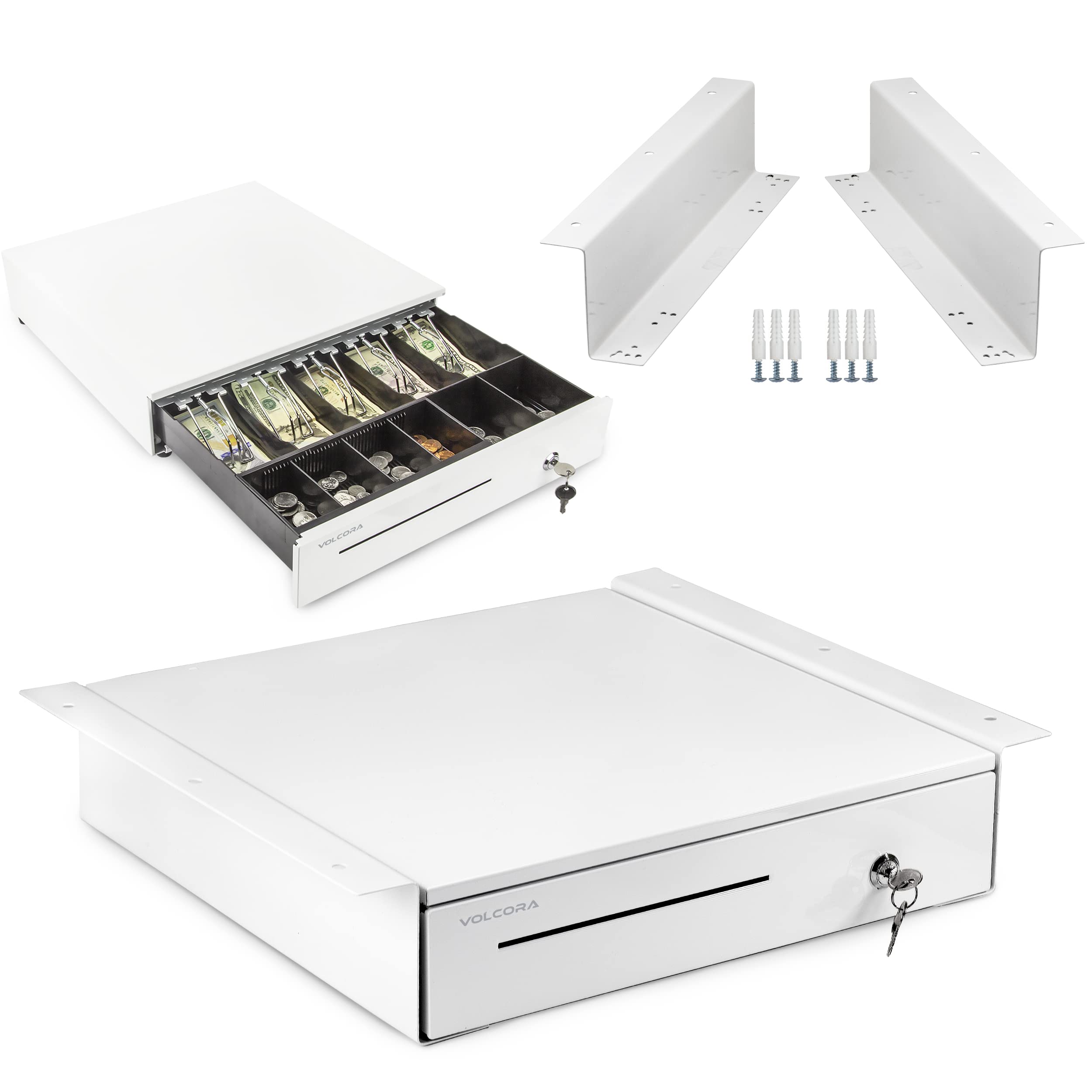 Volcora Cash Register Drawer with Under Counter Mounting Bracket - 16" White Drawer for POS, 5 Bill 6 Coin Cash Tray, Removable Coin Compartment, 24V RJ11/RJ12 Key-Lock, Media Slot - for Business