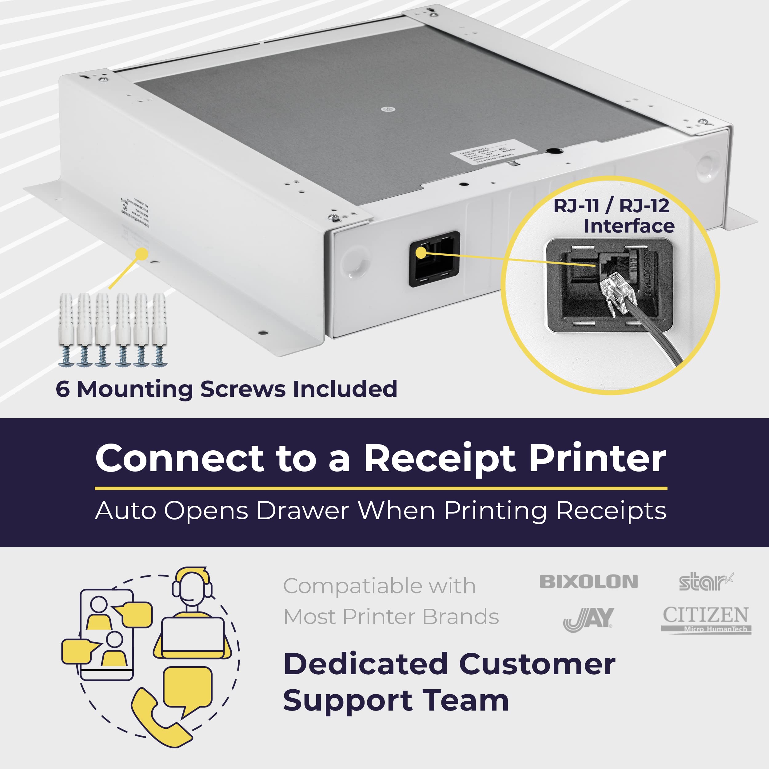 Volcora Cash Register Drawer with Under Counter Mounting Bracket - 16" White Drawer for POS, 5 Bill 6 Coin Cash Tray, Removable Coin Compartment, 24V RJ11/RJ12 Key-Lock, Media Slot - for Business