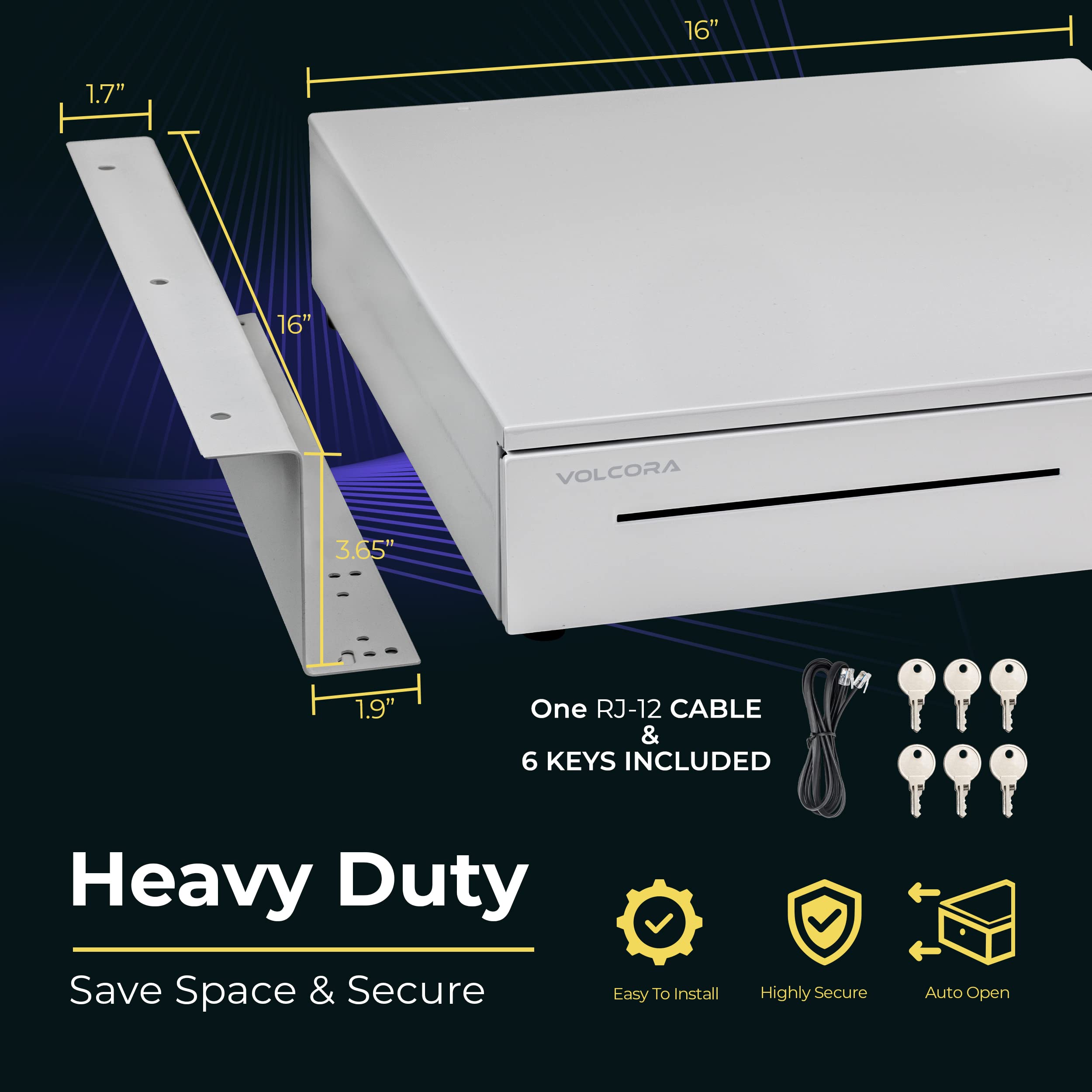 Volcora Cash Register Drawer with Under Counter Mounting Bracket - 16" White Drawer for POS, 5 Bill 6 Coin Cash Tray, Removable Coin Compartment, 24V RJ11/RJ12 Key-Lock, Media Slot - for Business