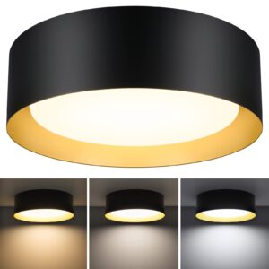 flush mount ceiling light, 13in 25w(250w equiv) 2400lm, led ceiling light fixture 3 colors 3000k 4000k 5000k, dimmable black and gold modern flush mount light for bedroom bathroom hallway kitchen