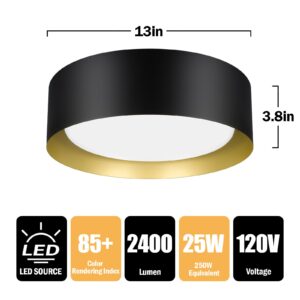 Flush Mount Ceiling Light, 13in 25W(250W Equiv) 2400LM, LED Ceiling Light Fixture 3 Colors 3000K 4000K 5000K, Dimmable Black and Gold Modern Flush Mount Light for Bedroom Bathroom Hallway Kitchen