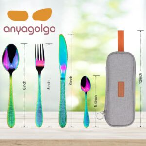 Anyagolgo Reusable Travel Utensils set with Case Stainless Steel 4pcs Steak Knife,Fork,Spoon,Coffee Spoon,for Lunch Camping School Picnic Workplace Travel Easy to Clean Dishwasher Safe(illusion-color)