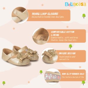 Bellocasa Baby Mary Jane Flats for Girls with Bowknot Cotton Anti Skid Sole Infant First Walker Princess Dress Crib Wedding Shoes(JY1631 Gold,2)