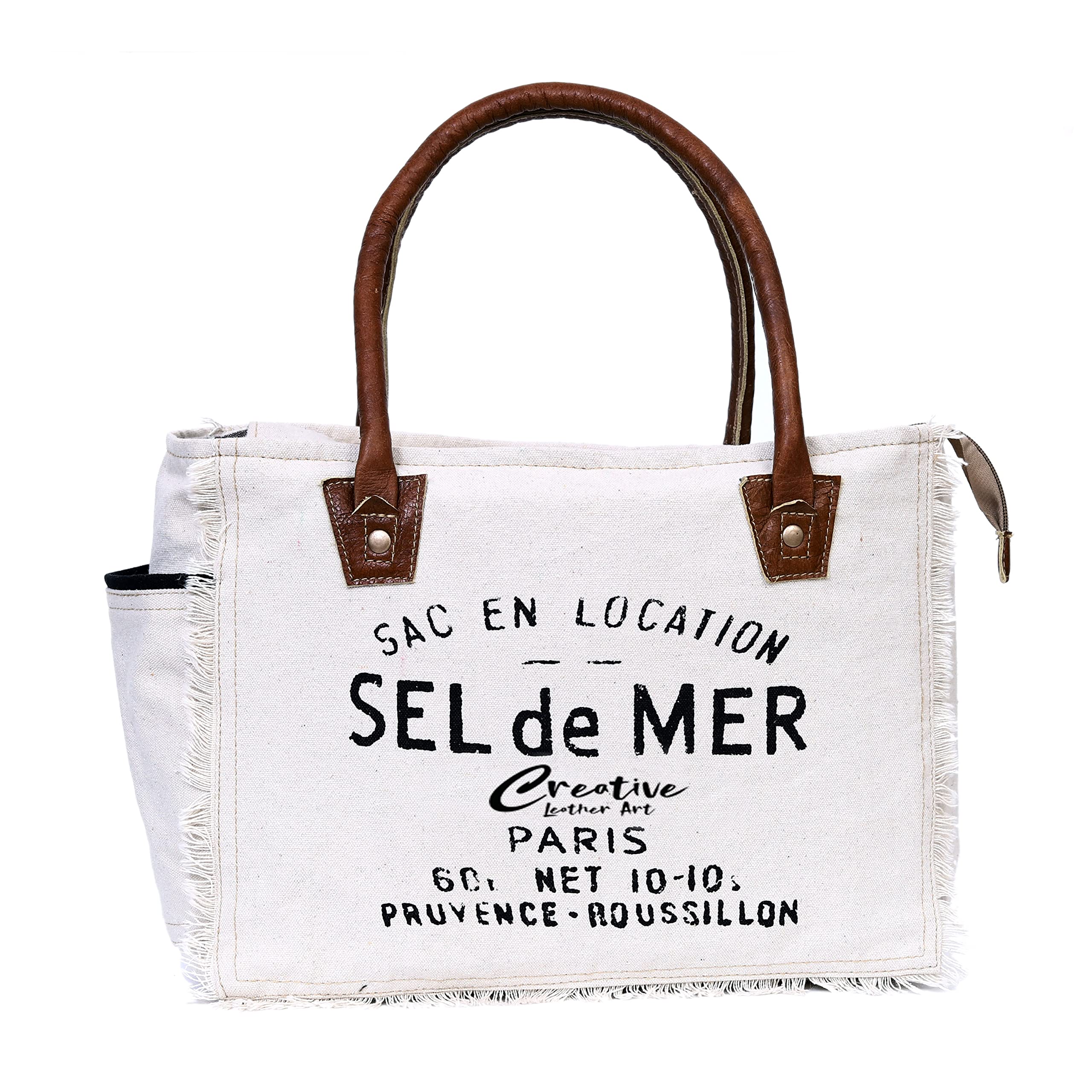 CLA Bags Sel De Mer Upcycled Canvas & Cowhide Hand/Tote Bag Radiant Leather Crossbody, Off-White, 13 Inch