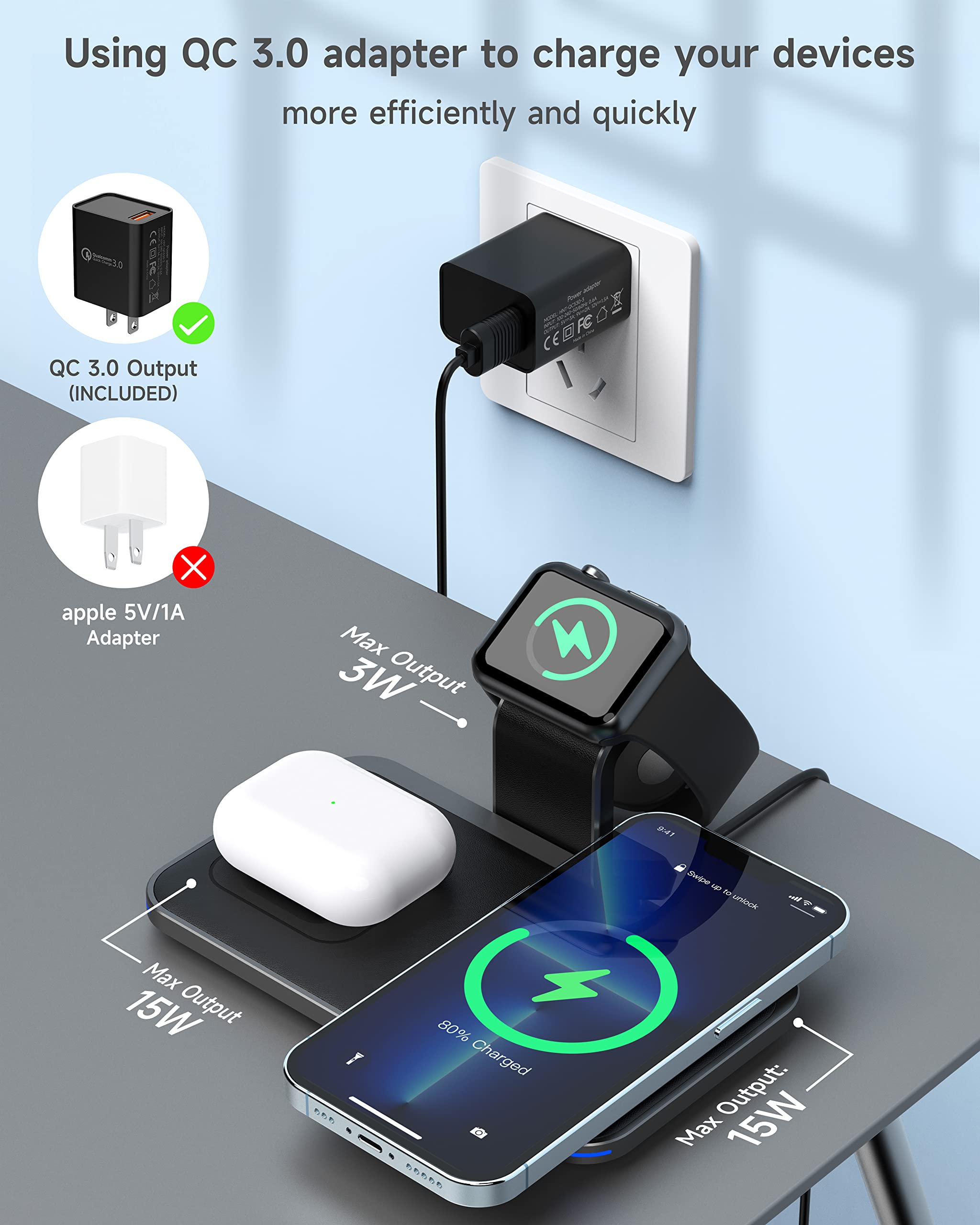 Portable Wireless Charging Station,3 in 1 15W Fast Wireless Charger Pad Compatible iPhone 14 13 12 11 AirPods Android&Detachable Charging Dock Stand Compatible Apple Watch【QC 3.0 Adapter Included】