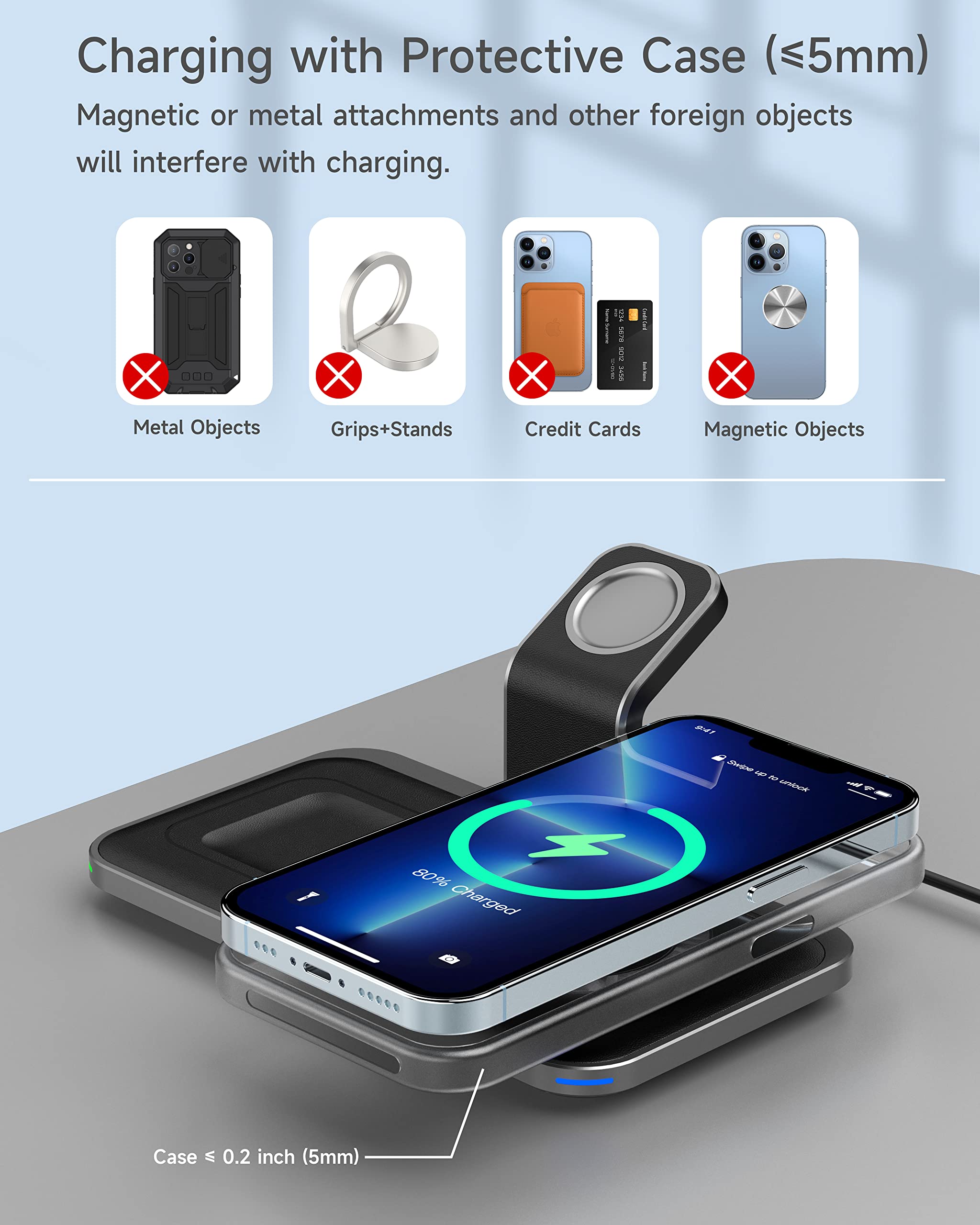 Portable Wireless Charging Station,3 in 1 15W Fast Wireless Charger Pad Compatible iPhone 14 13 12 11 AirPods Android&Detachable Charging Dock Stand Compatible Apple Watch【QC 3.0 Adapter Included】