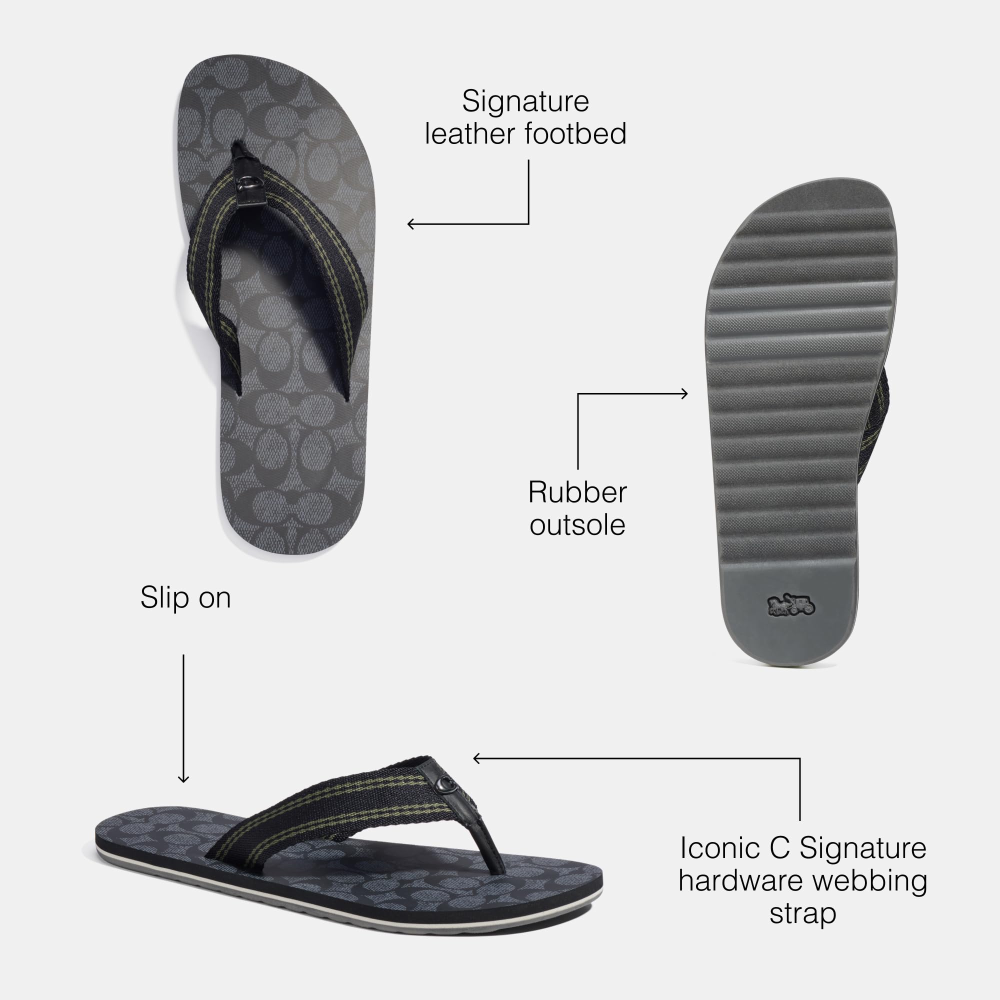 Coach Men's Signature Webbing Flip Flop, Charcoal/Black, 12