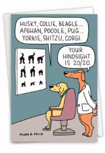 nobleworks - 1 funny pet birthday card - colorful cartoon animal puppy jokes, bday notecard for him, her - dog eye exam c2435bdg