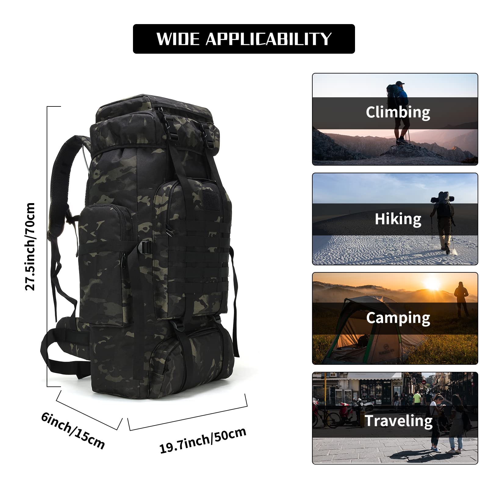 W WINTMING Hiking Backpack for Men 70L/100L Camping Backpack Military Rucksack Molle 3 Days Assault Pack for Climbing