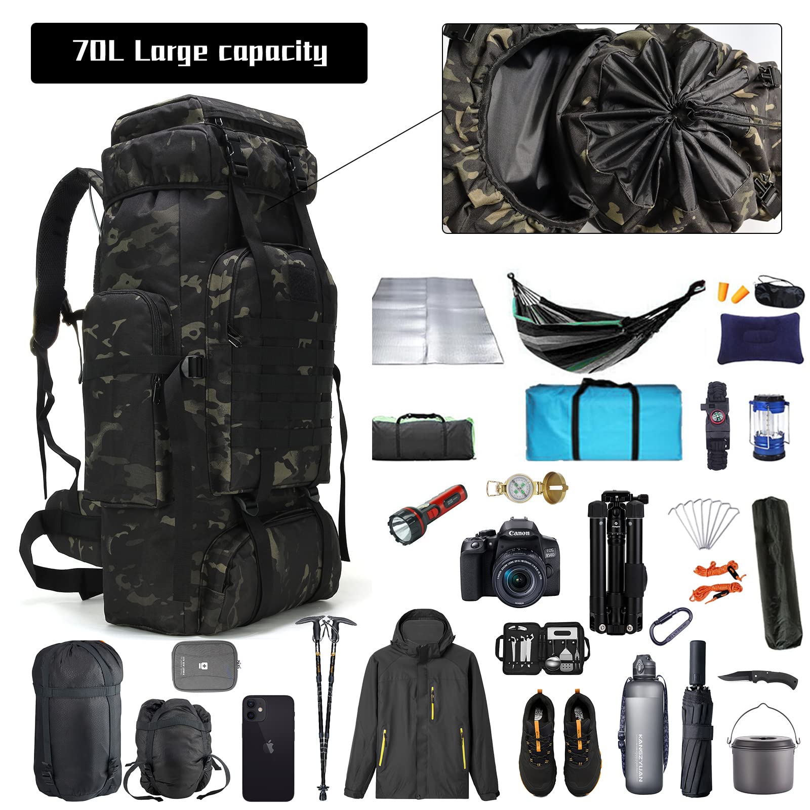 W WINTMING Hiking Backpack for Men 70L/100L Camping Backpack Military Rucksack Molle 3 Days Assault Pack for Climbing