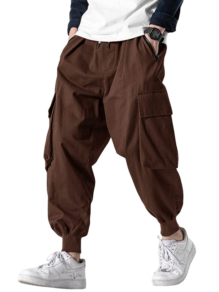 Men's Joggers Pants Casual Baggy Cotton Drawstring Tapered Sweatpants Cargo Hippie Loose Fit Trousers with Multi-Pocket