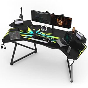 jwx gaming desk with removable speaker stand, 72'' large studio wing-shaped gaming desk with headphone stand, cup holder for live streamer, social media influencers & music recording