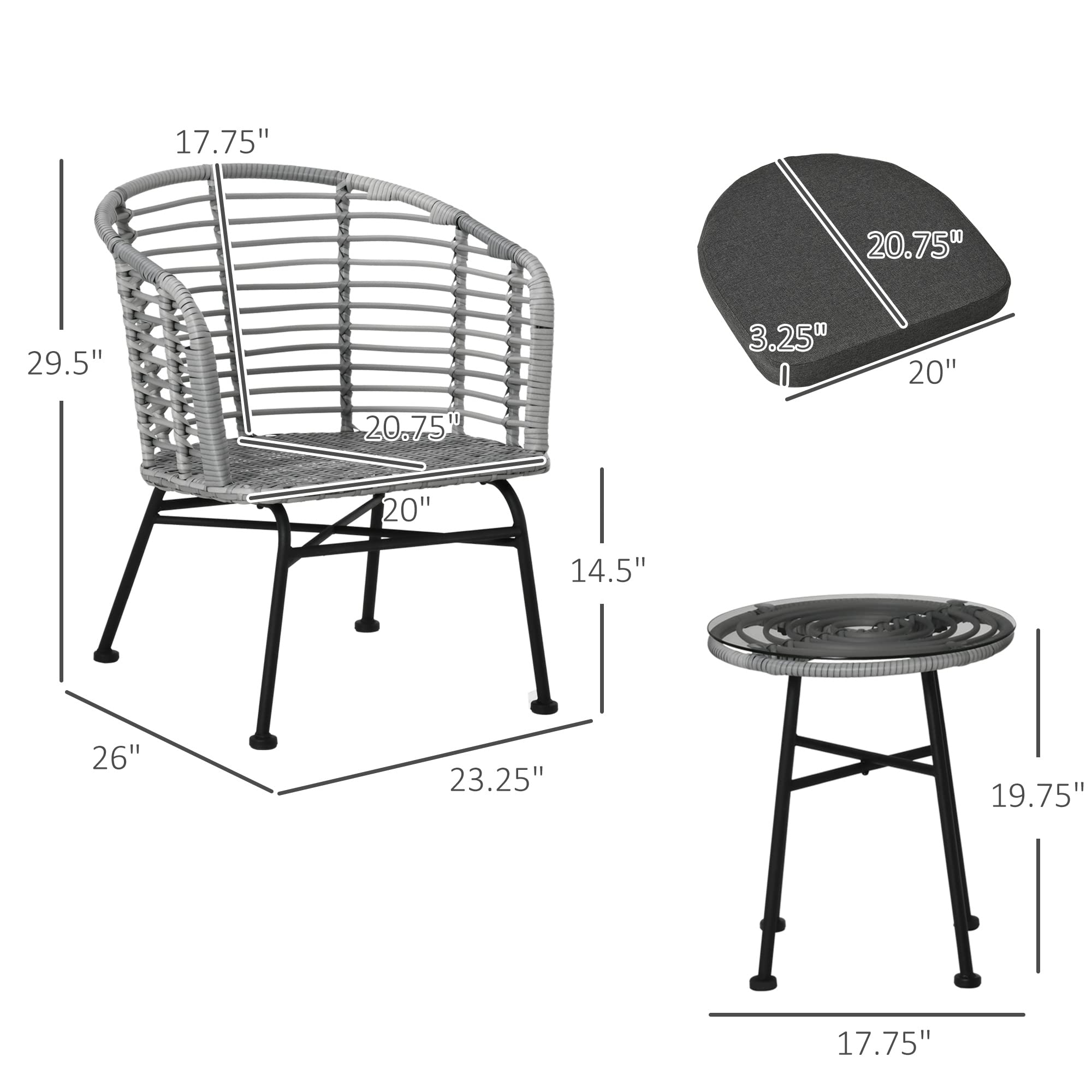 Outsunny 3 Piece Patio Bistro Set, PE Rattan Outdoor Furniture with Cushioned Barrel Chairs & Glass Coffee Table, Conversation Set for Porch, Backyard, Apartment, Balcony, Mixed Gray