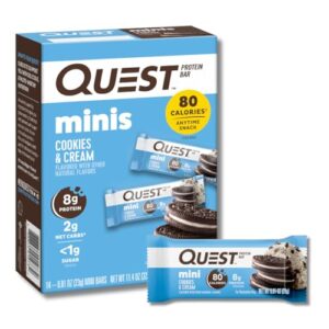 quest nutrition mini cookies & cream protein bars, 8g protein, 1g sugar, 2g net carbs, gluten free, 14 count