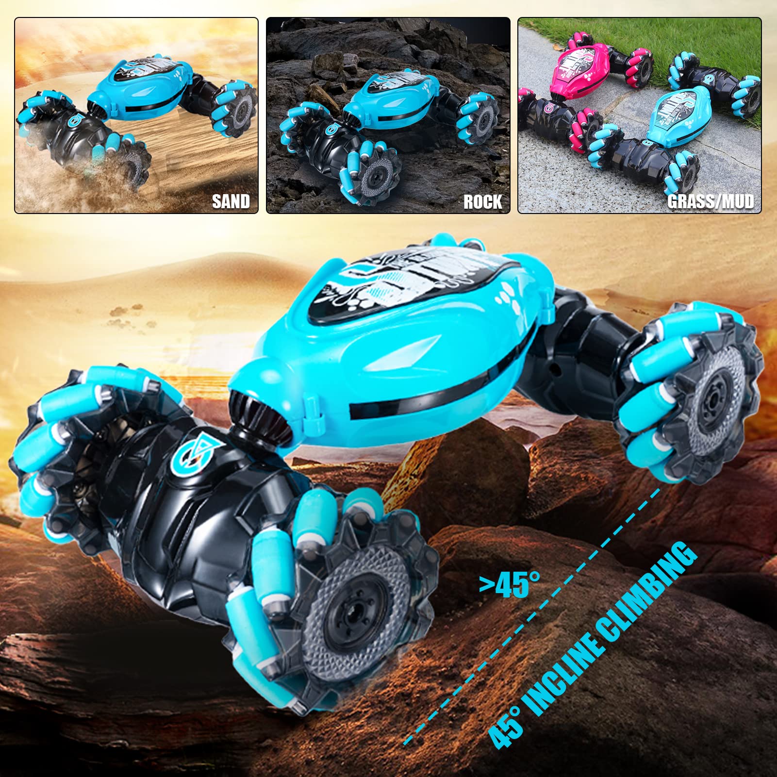 KunisJoy 1:14 Large Remote Control Car for Boys - Hand Controlled All Terrain Monster Truck with 360° Flips, Lights and Music for Ages 4-12