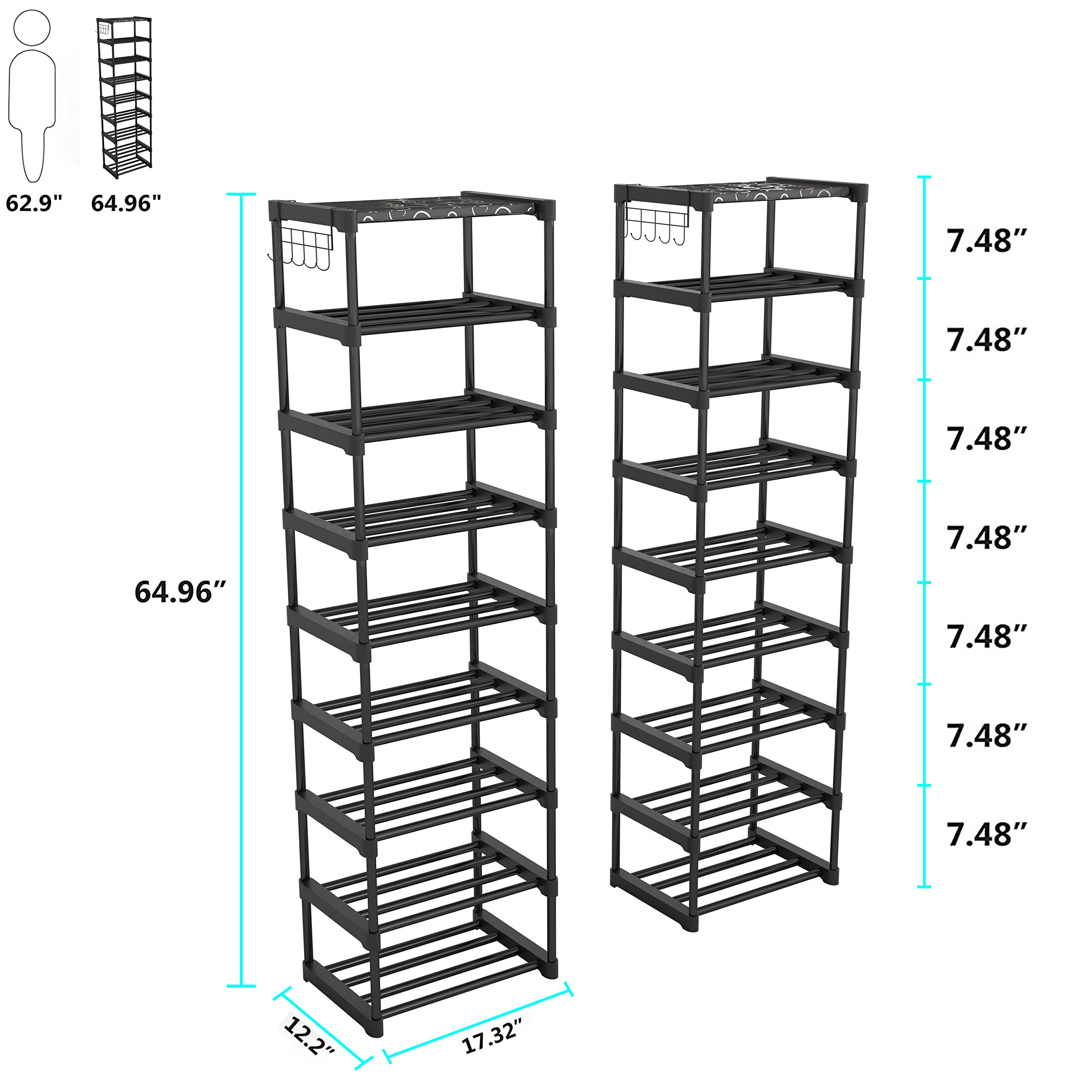 GREATSK 9 Tiers Shoe Rack 20-25 Pairs Sturdy Shoe Shelf, with Side Hooks, Shoe Rack for Entryway, Free Standing Shoe Racks, Metal Shoe Rack, Show Rack, Shoe Organizer, Shoe Rack for Closet