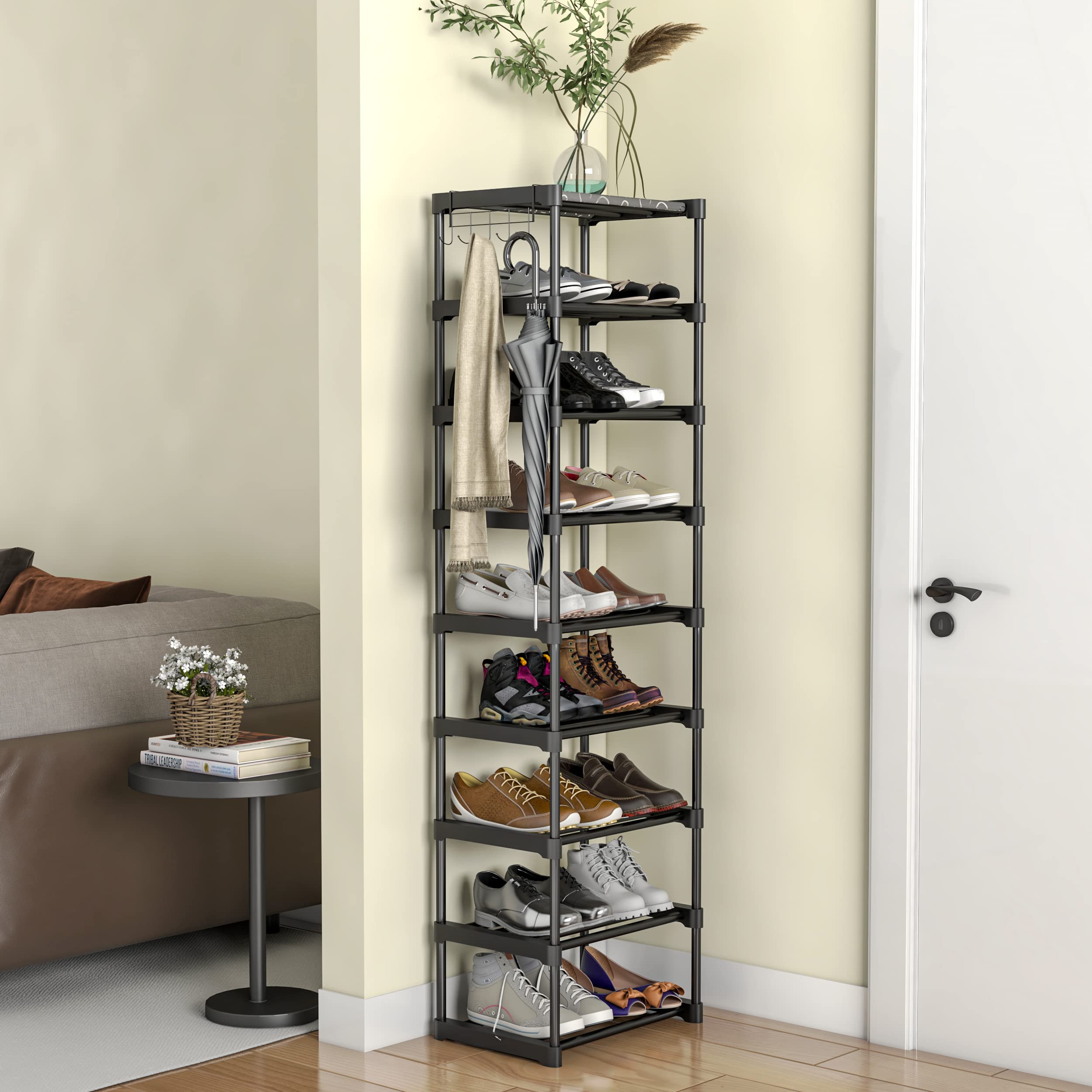 GREATSK 9 Tiers Shoe Rack 20-25 Pairs Sturdy Shoe Shelf, with Side Hooks, Shoe Rack for Entryway, Free Standing Shoe Racks, Metal Shoe Rack, Show Rack, Shoe Organizer, Shoe Rack for Closet