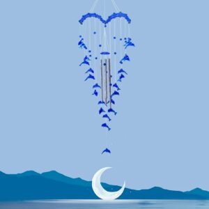 chyeda creative heart shape dolphin wind chimes-blue 90cm-suitable for garden, patio, backyard, porch or a gift for him/her