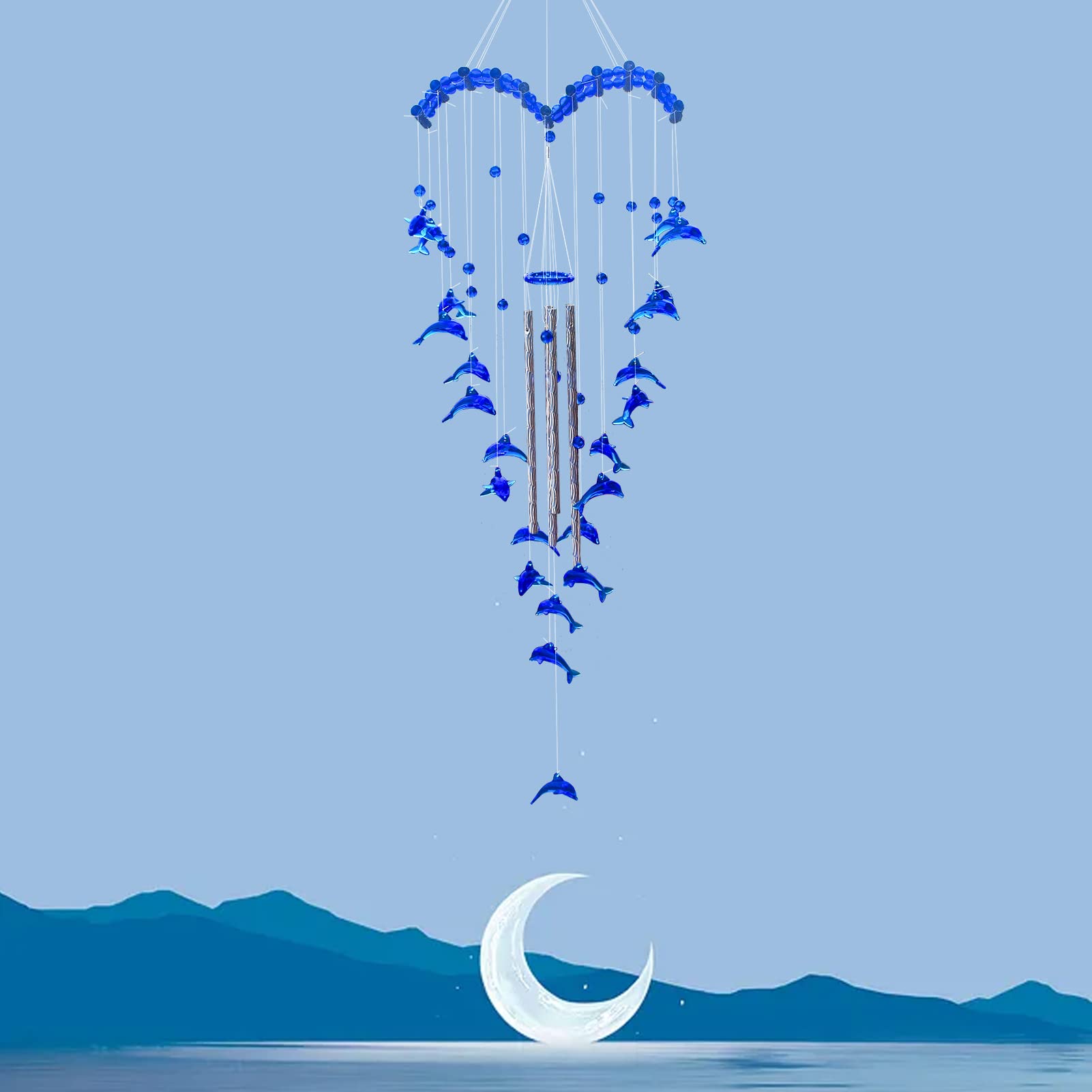 Chyeda Creative Heart Shape Dolphin Wind Chimes-Blue 90CM-Suitable for Garden, Patio, Backyard, Porch or a Gift for him/her