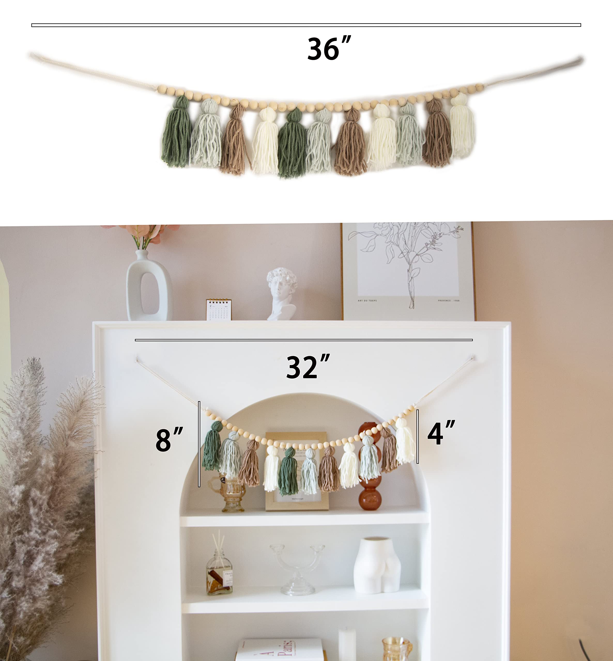 Decocove Tassel Garland - Boho Tassel Garland with Wood Beads - Wall Decor for Dorm, Girls Room and Nursery Room - Olive Green (36 inch)