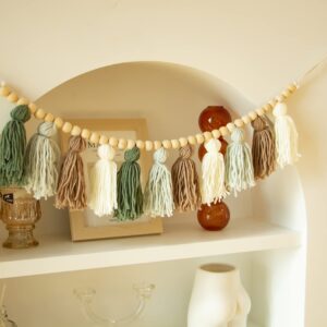 Decocove Tassel Garland - Boho Tassel Garland with Wood Beads - Wall Decor for Dorm, Girls Room and Nursery Room - Olive Green (36 inch)