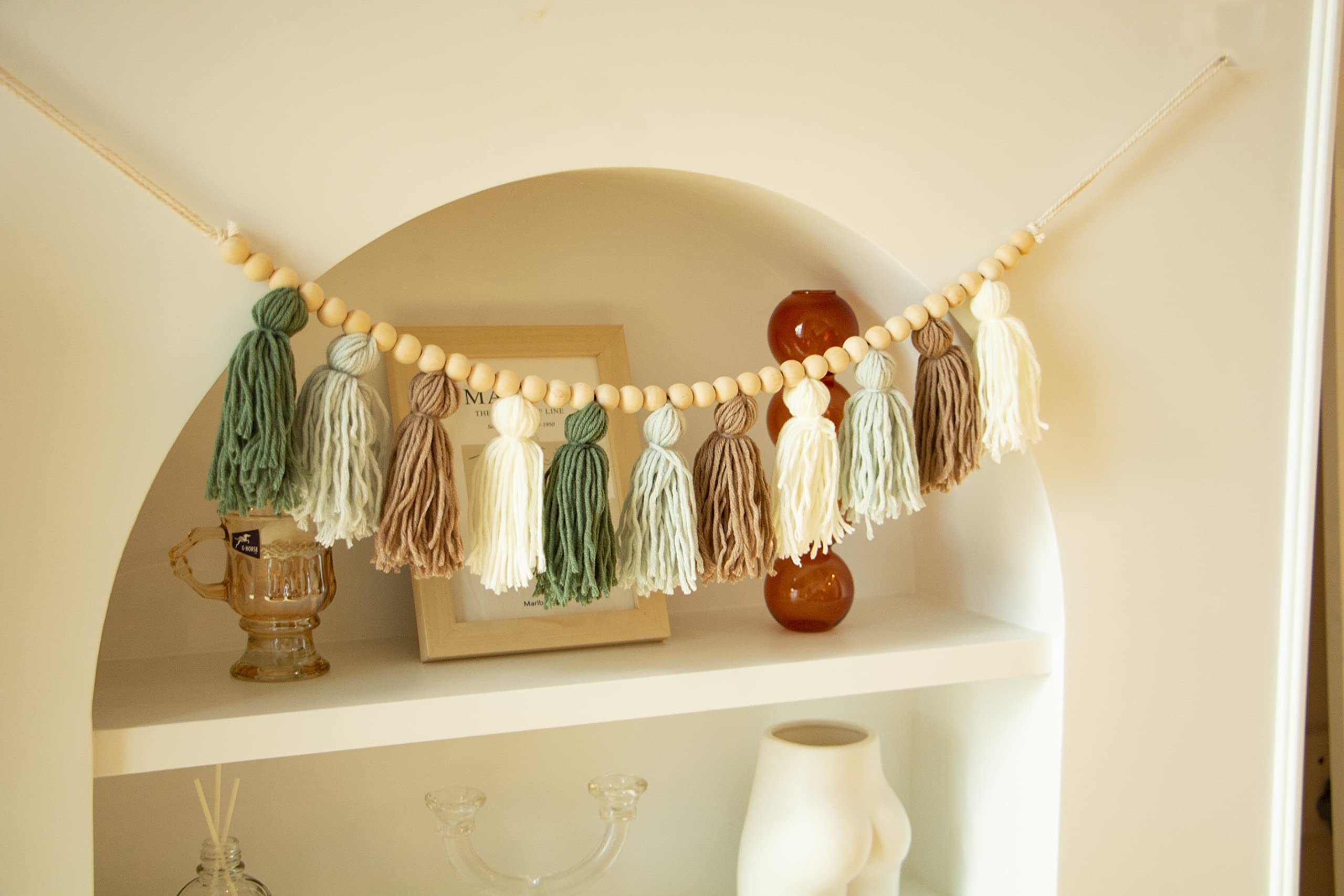 Decocove Tassel Garland - Boho Tassel Garland with Wood Beads - Wall Decor for Dorm, Girls Room and Nursery Room - Olive Green (36 inch)