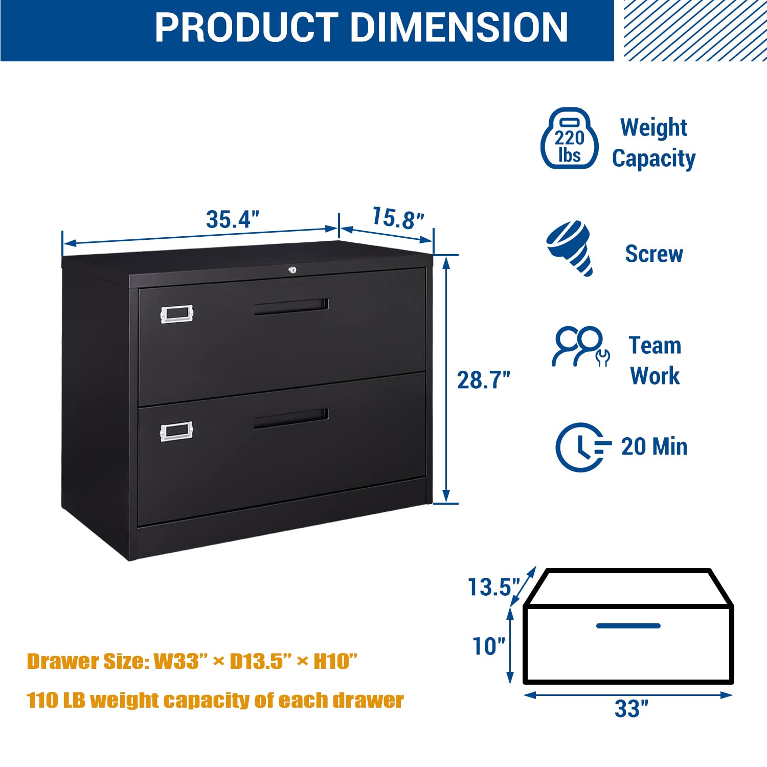 Fesbos Lateral File Cabinet with Lock, 2 Drawer Large Metal Filing Cabinet,Home Office Lockable Storage Cabinet for Hanging Files Letter/Legal/F4/A4 Size-Assembly Required