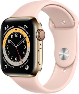 apple watch series 6 (gps + cellular, 44mm) gold stainless steel case with pink sport band (renewed)