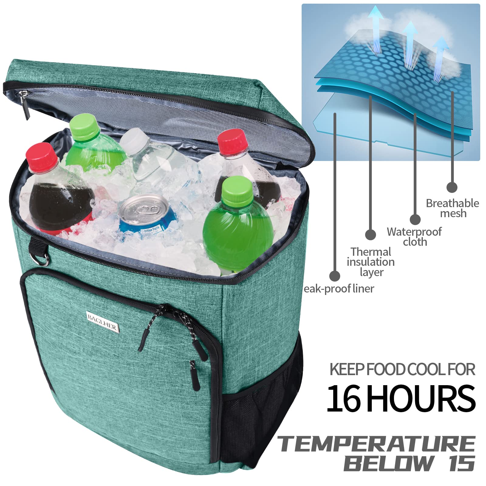 BAGLHER Leakproof Backpack Cooler - Insulated Soft Cooler Bag for Men and Women, Lightweight Lunch Box Backpack Cooler for Camping and Outdoor Adventures Green