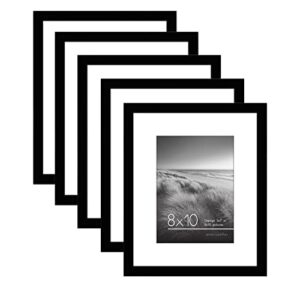 americanflat 8x10 picture frame with polished plexiglass - set of 5 - use as 5x7 frame with mat or 8x10 frame without mat - galleria collection - gallery frames for tabletop and wall display - black