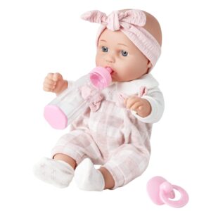 enjoyin 12'' baby doll in gift box with pink cloths, pacifier, 13''x13'' microfabric blanket, and feeding bottle. gift idea for ages 3+