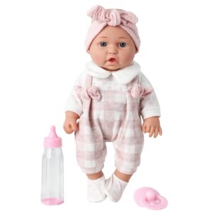 Enjoyin 12'' Baby Doll in Gift Box with Pink Cloths, Pacifier, 13''x13'' Microfabric Blanket, and Feeding Bottle. Gift Idea for Ages 3+