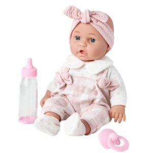 Enjoyin 12'' Baby Doll in Gift Box with Pink Cloths, Pacifier, 13''x13'' Microfabric Blanket, and Feeding Bottle. Gift Idea for Ages 3+