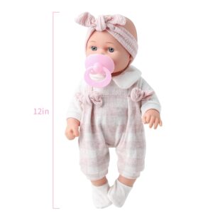 Enjoyin 12'' Baby Doll in Gift Box with Pink Cloths, Pacifier, 13''x13'' Microfabric Blanket, and Feeding Bottle. Gift Idea for Ages 3+