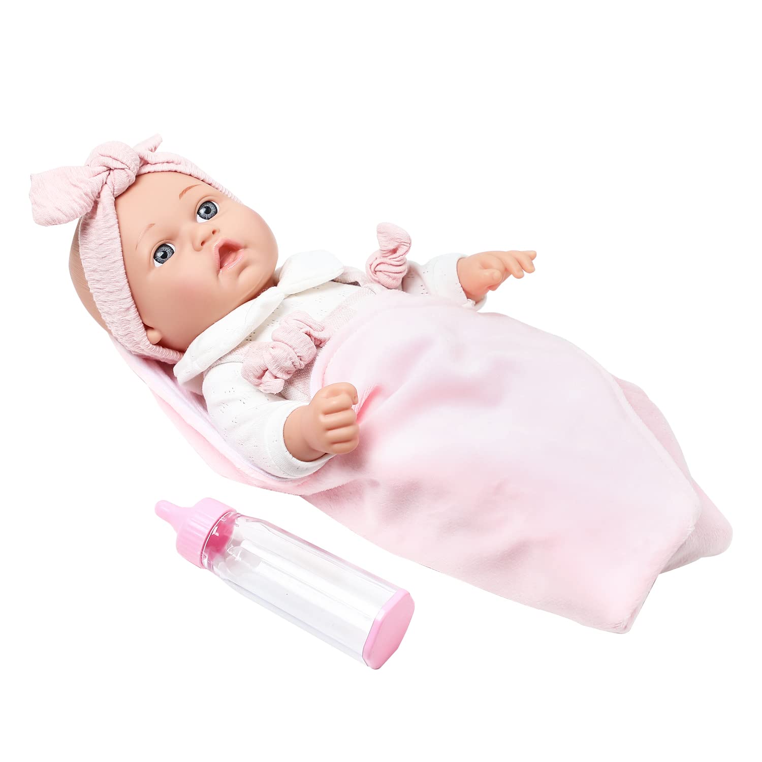 Enjoyin 12'' Baby Doll in Gift Box with Pink Cloths, Pacifier, 13''x13'' Microfabric Blanket, and Feeding Bottle. Gift Idea for Ages 3+