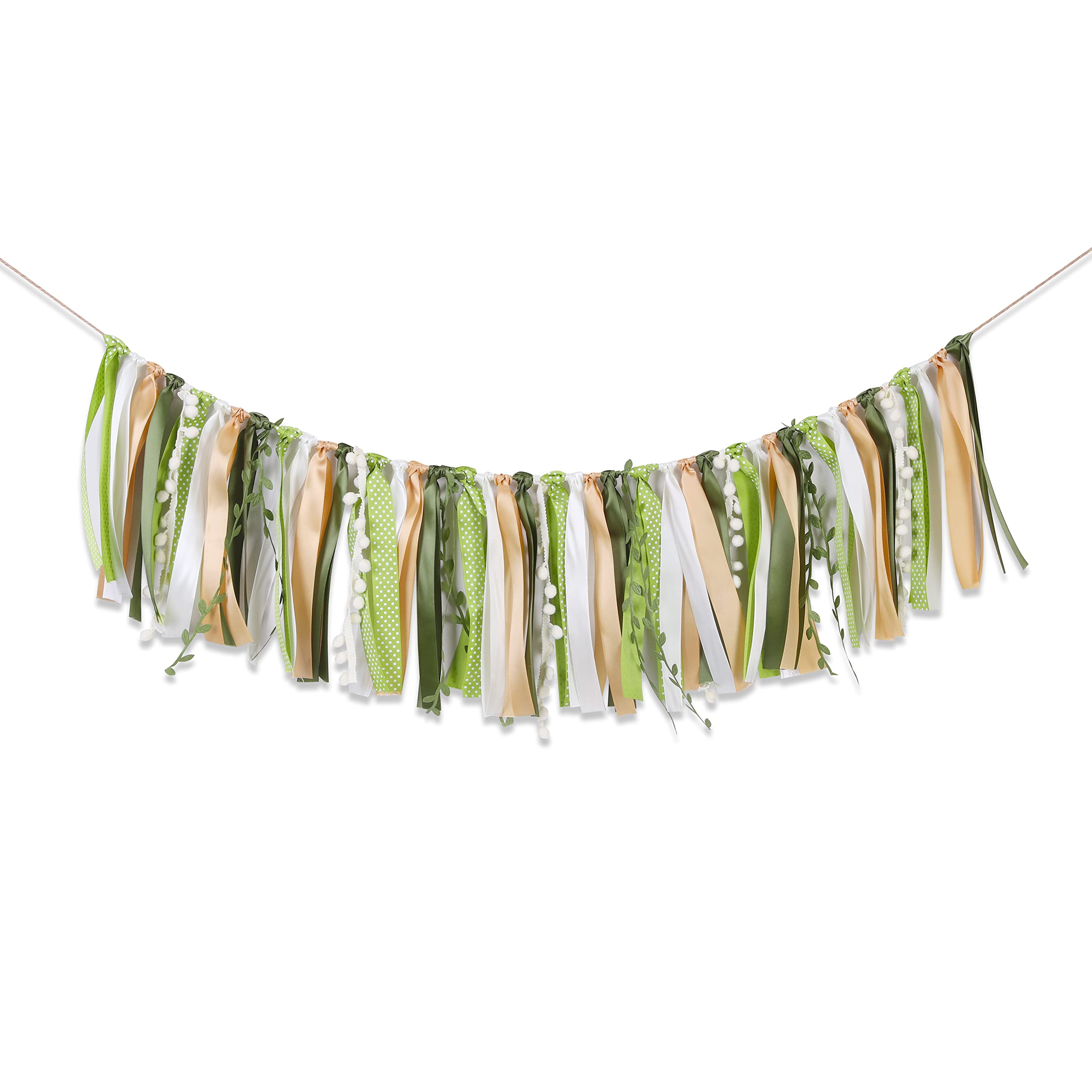 Greenery Ivory Gold Ribbon Garland - Fabric Tassel Banner for Gender Neutral Baby Shower, Woodland First Birthday Decorations, Wedding Backdrop, Bridal Shower Decorations, Photo Booth Backdrop