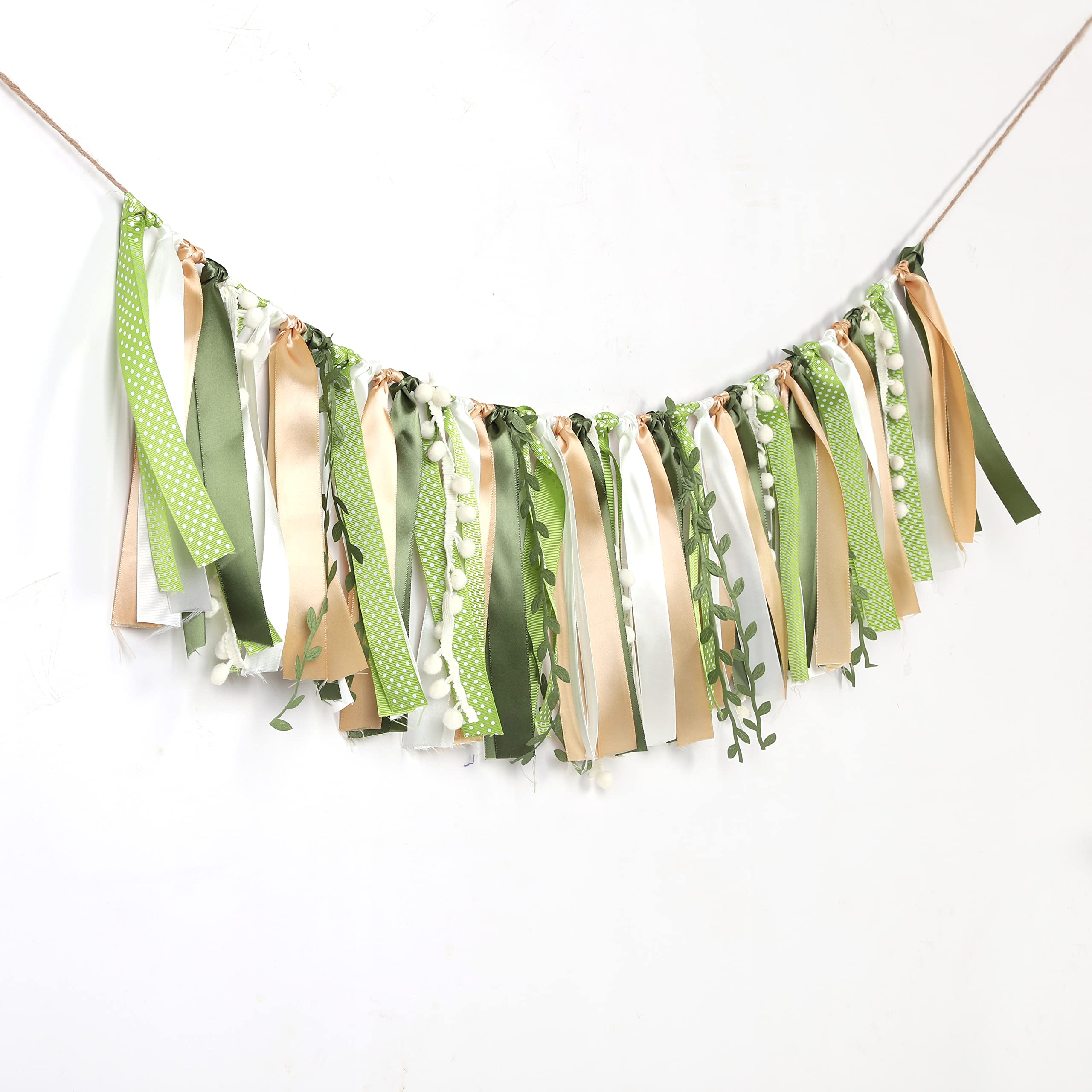 Greenery Ivory Gold Ribbon Garland - Fabric Tassel Banner for Gender Neutral Baby Shower, Woodland First Birthday Decorations, Wedding Backdrop, Bridal Shower Decorations, Photo Booth Backdrop