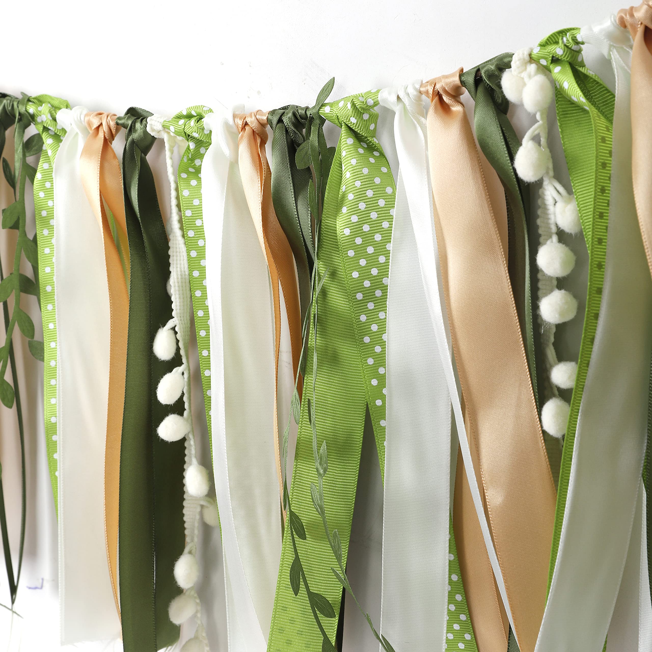 Greenery Ivory Gold Ribbon Garland - Fabric Tassel Banner for Gender Neutral Baby Shower, Woodland First Birthday Decorations, Wedding Backdrop, Bridal Shower Decorations, Photo Booth Backdrop