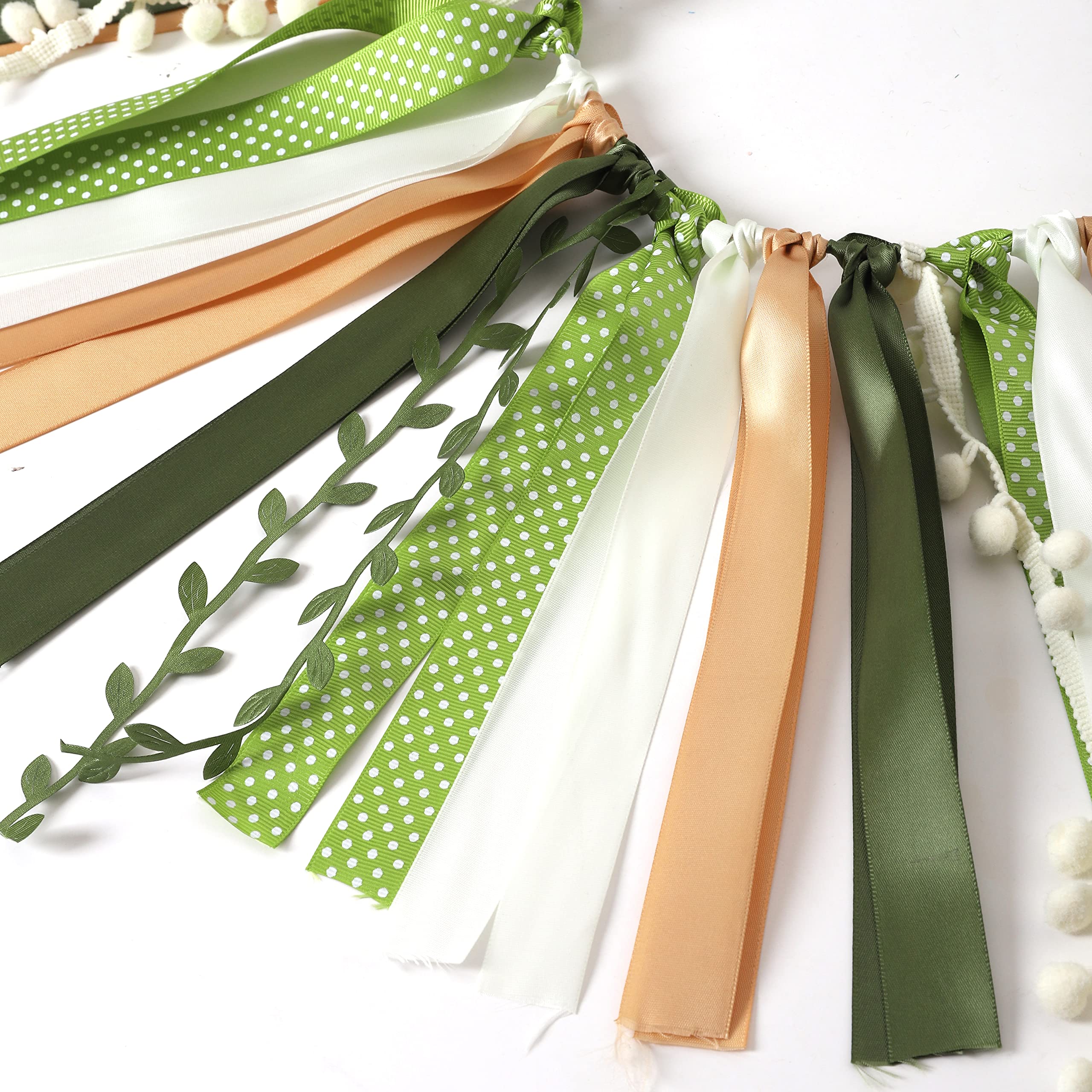 Greenery Ivory Gold Ribbon Garland - Fabric Tassel Banner for Gender Neutral Baby Shower, Woodland First Birthday Decorations, Wedding Backdrop, Bridal Shower Decorations, Photo Booth Backdrop