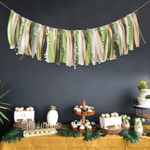 Greenery Ivory Gold Ribbon Garland - Fabric Tassel Banner for Gender Neutral Baby Shower, Woodland First Birthday Decorations, Wedding Backdrop, Bridal Shower Decorations, Photo Booth Backdrop