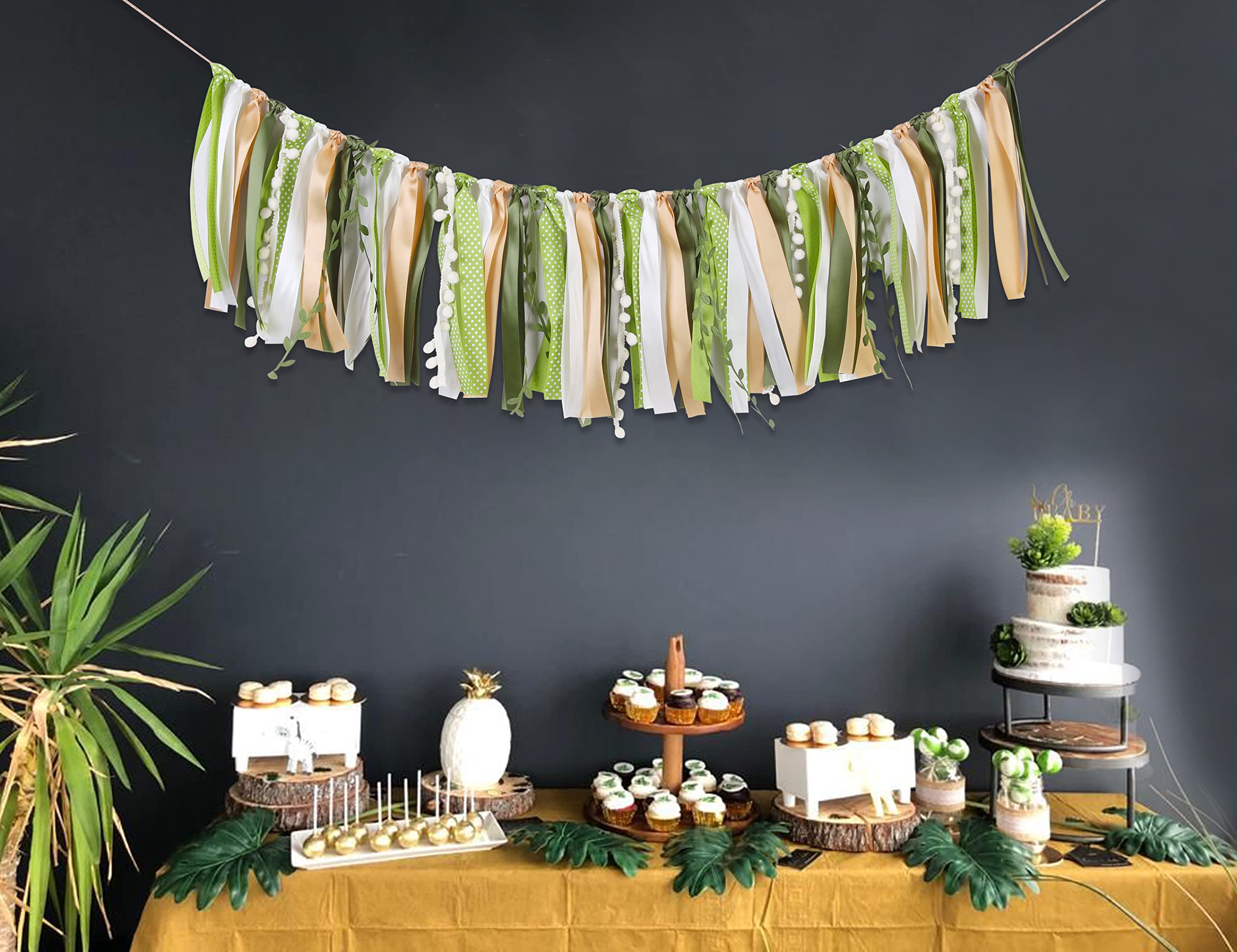 Greenery Ivory Gold Ribbon Garland - Fabric Tassel Banner for Gender Neutral Baby Shower, Woodland First Birthday Decorations, Wedding Backdrop, Bridal Shower Decorations, Photo Booth Backdrop