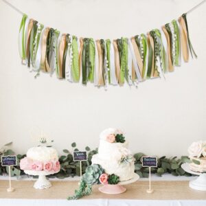 Greenery Ivory Gold Ribbon Garland - Fabric Tassel Banner for Gender Neutral Baby Shower, Woodland First Birthday Decorations, Wedding Backdrop, Bridal Shower Decorations, Photo Booth Backdrop