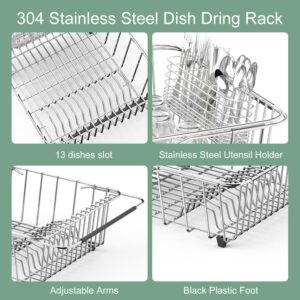 JAQ Dish Drying Rack in-Sink, 304 Stainless Steel Dish Drainer with Stainless Steel Silverware Holder Over Inside Sink-Adjustable 14.96" to 20.59" Maximium 13 Upright Dishes