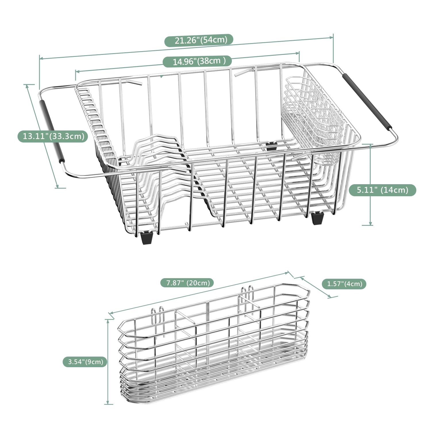 JAQ Dish Drying Rack in-Sink, 304 Stainless Steel Dish Drainer with Stainless Steel Silverware Holder Over Inside Sink-Adjustable 14.96" to 20.59" Maximium 13 Upright Dishes